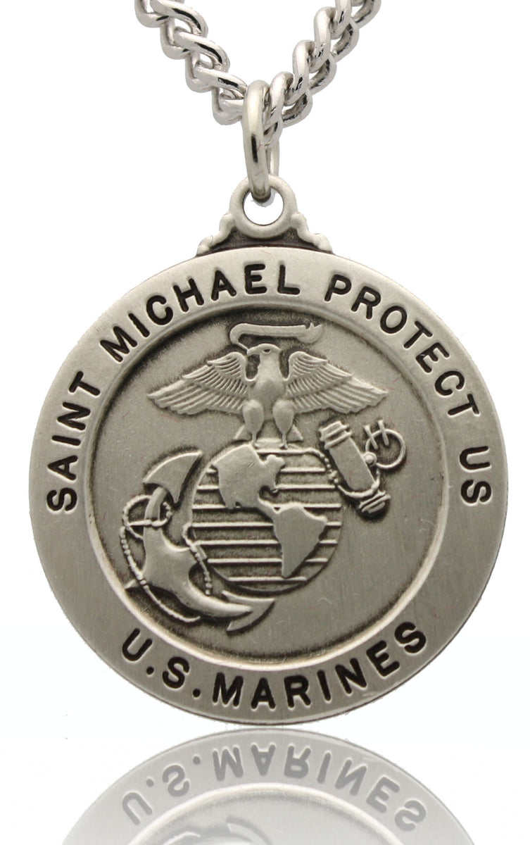St Michael US Marine Corps Sterling Silver Medal With Rhodium Plated Nickel Chain