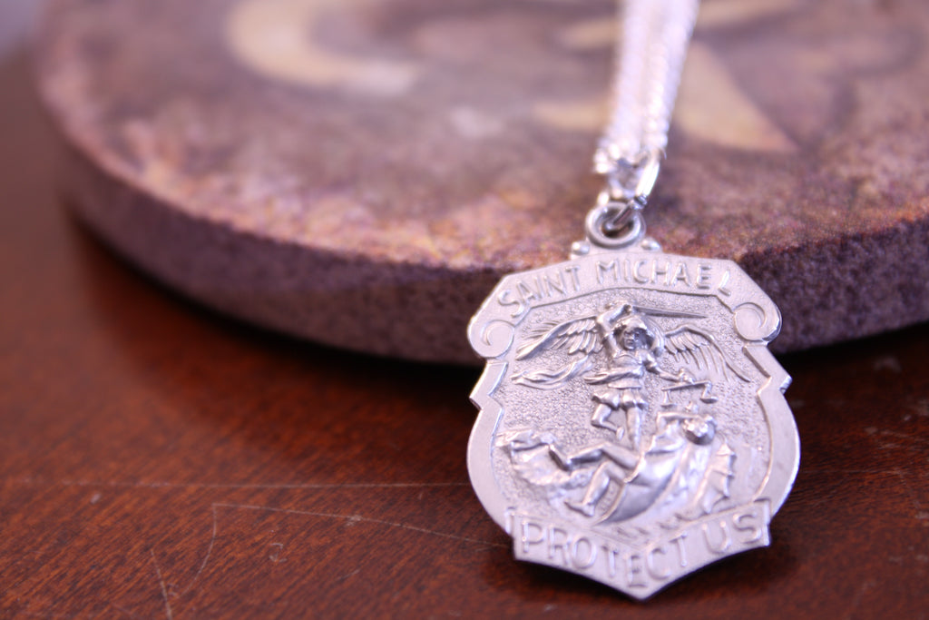 Saint Michael Shield Badge Necklace in Solid Sterling Silver Protect U ...