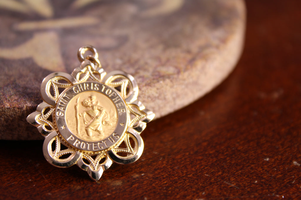 Saint Christopher Crown Pendant in Solid 14 Karat Yellow Gold Protect ...