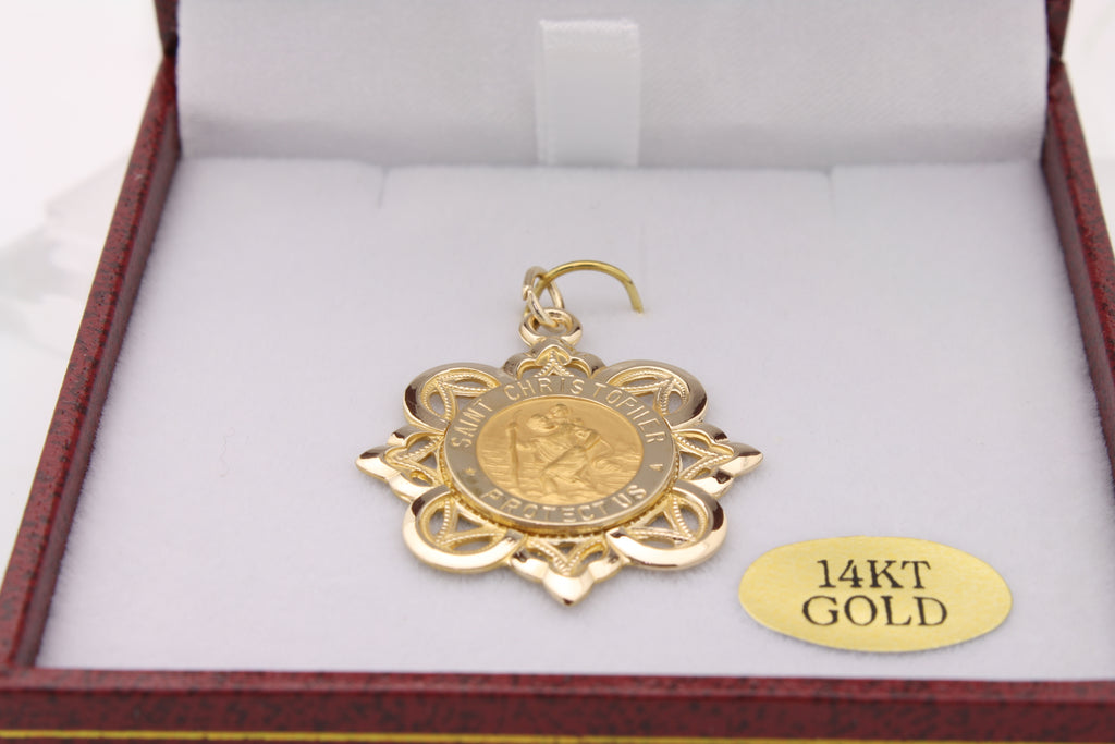Saint Christopher Crown Pendant in Solid 14 Karat Yellow Gold Protect ...