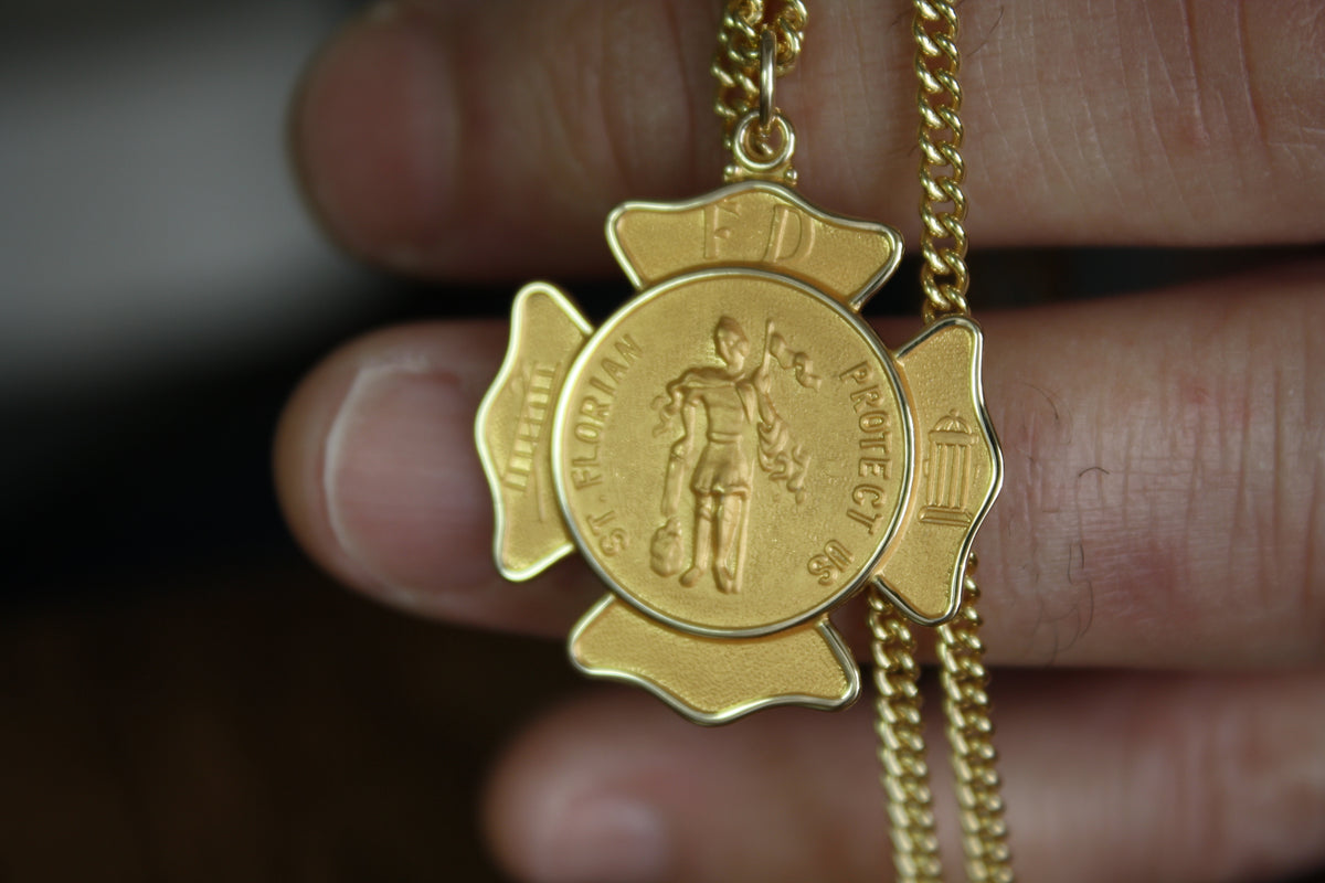 Round Saint Florian Fire Fighter Medal in Solid 14 Karat Yellow Gold P ...