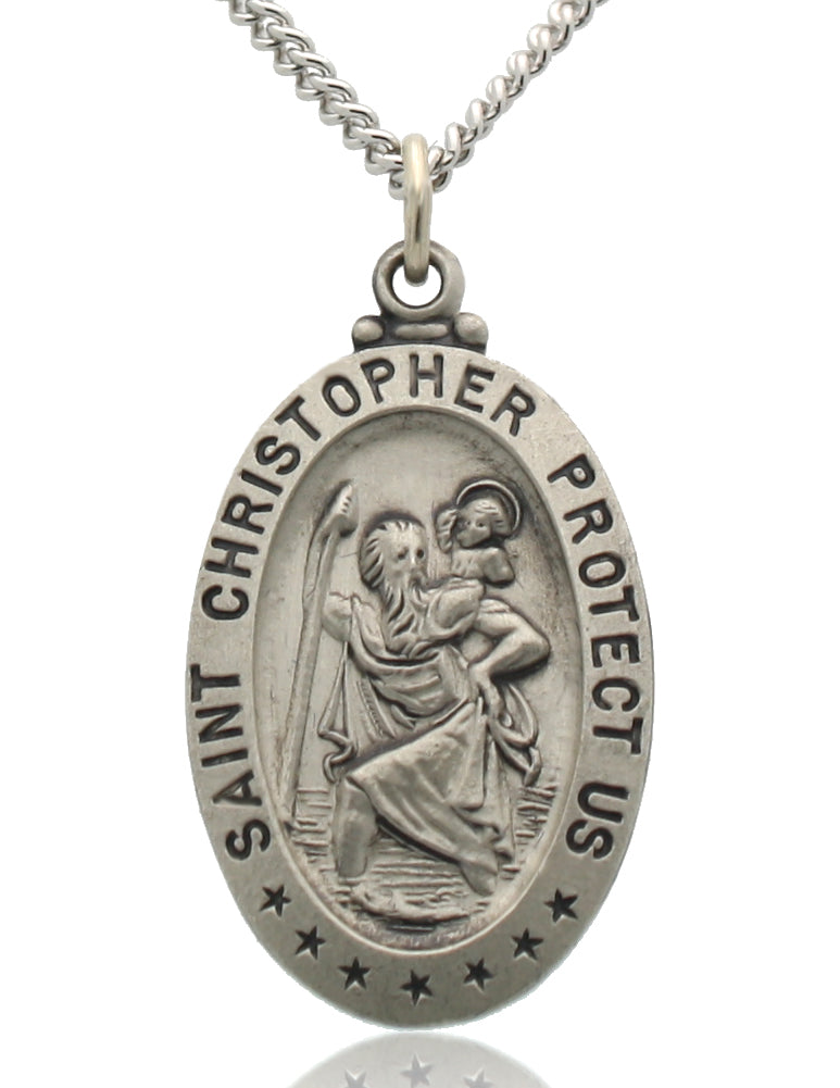 Oval St. Christopher Necklace Medal in Solid Sterling Silver With Jewe ...