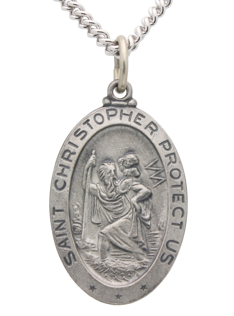 Oval St. Christopher Necklace Medal in Solid Sterling Silver With Jewe www.allpatronsaints